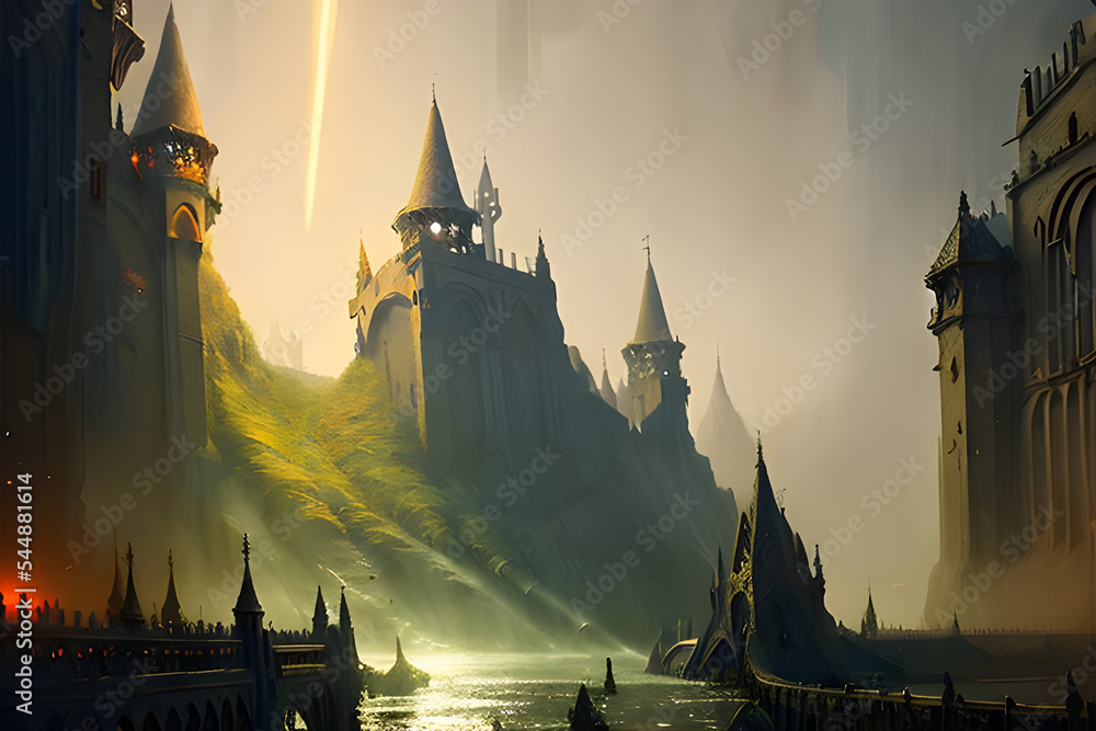 Gothic fantasy city with cathedrals, churches, towers, houses and ...