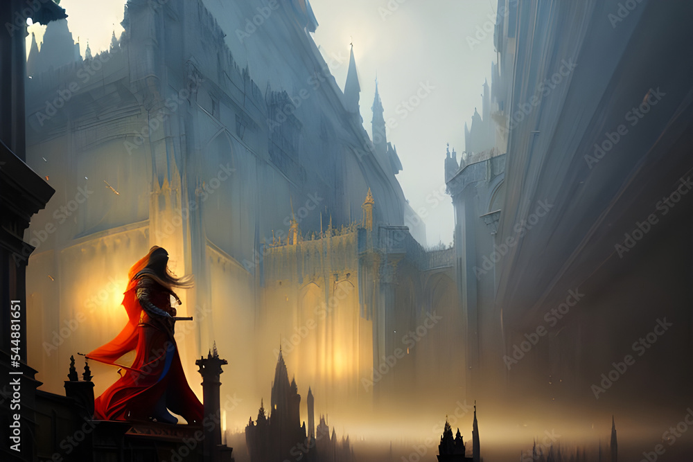 Gothic fantasy city with cathedrals, churches, towers, houses and ...