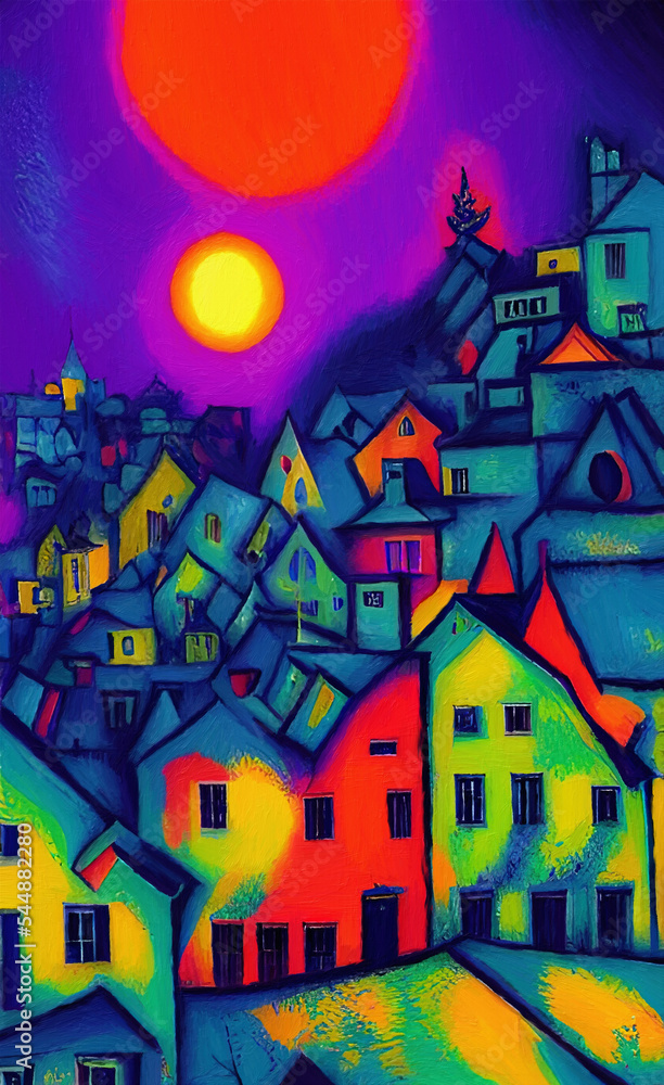 Digital painted cute houses at night in style of naive, cubism, modern ...