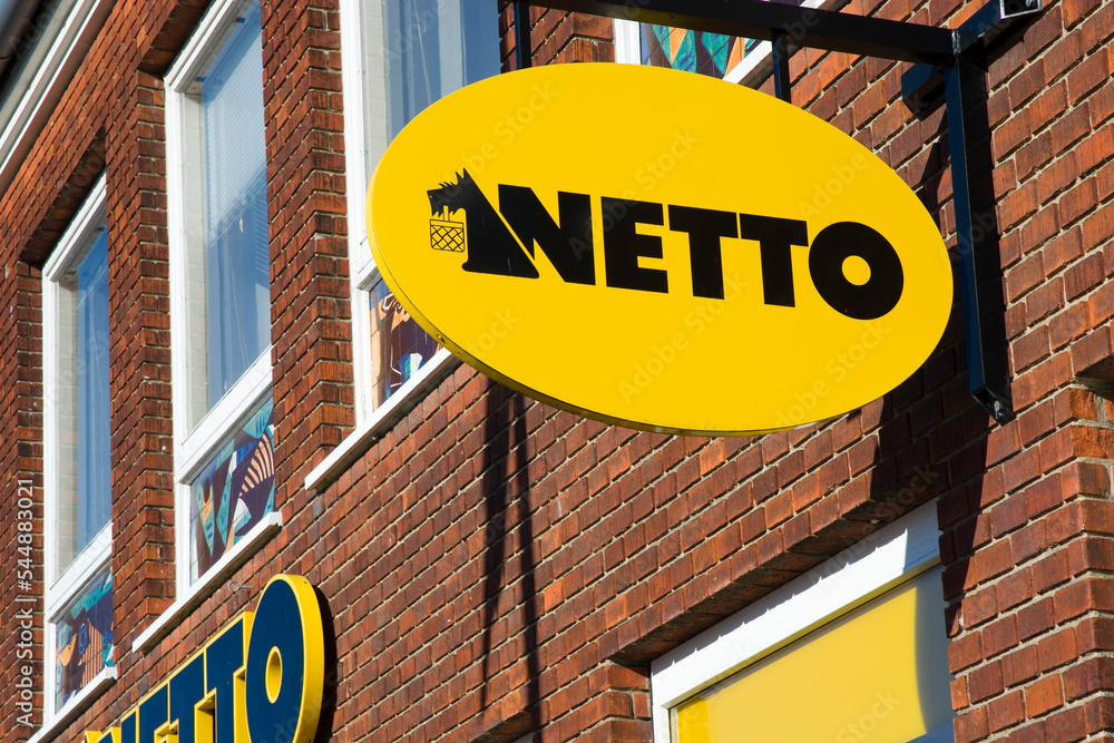 Netto supermarket logo front view in Ronne, Bornholm. Netto is a Danish ...