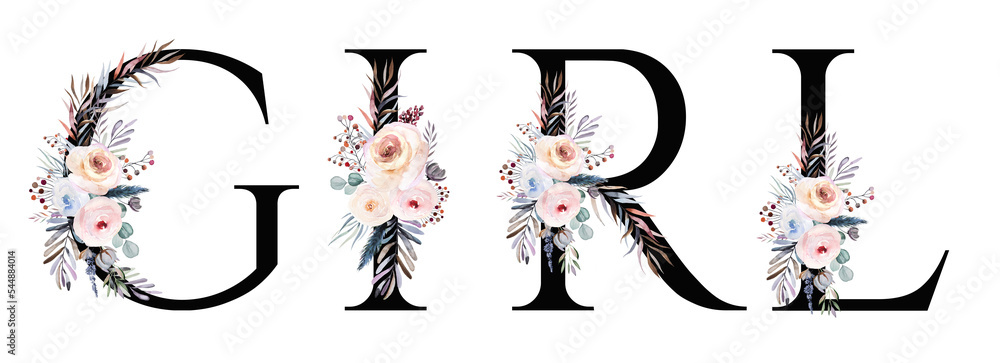 Word GIRL, black letters with Watercolor pastel winter flowers and ...