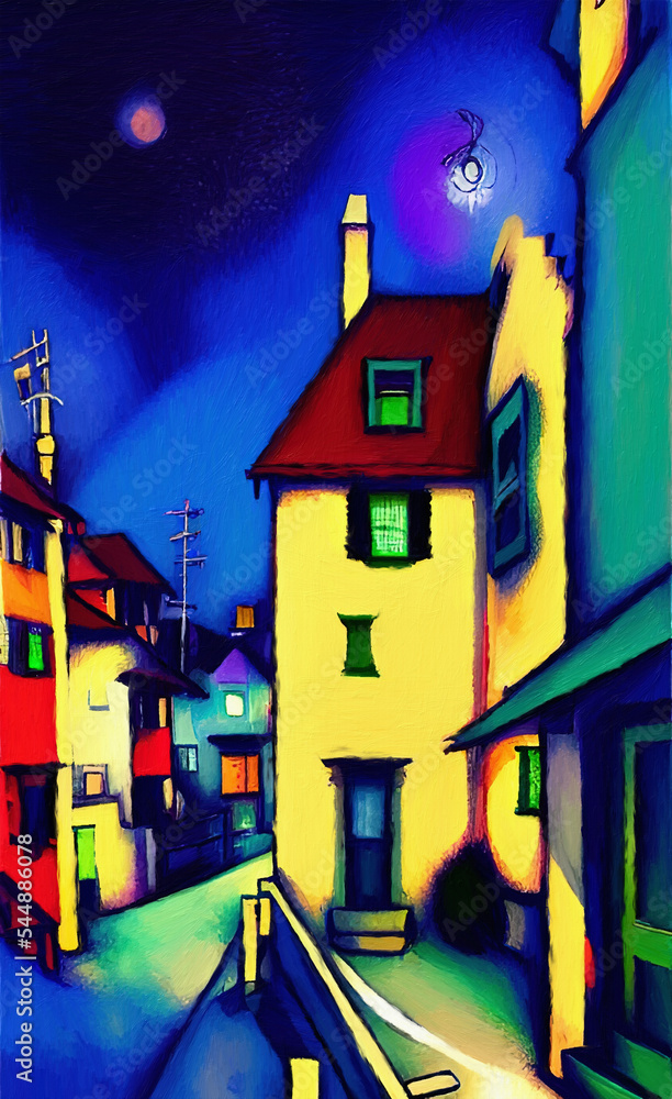 Plakat, Poster Digital painted cute houses at night in style of naive ...