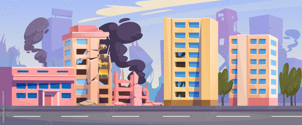 War-torn city in daylight. Urban warfare. Damage in town after shelling ...