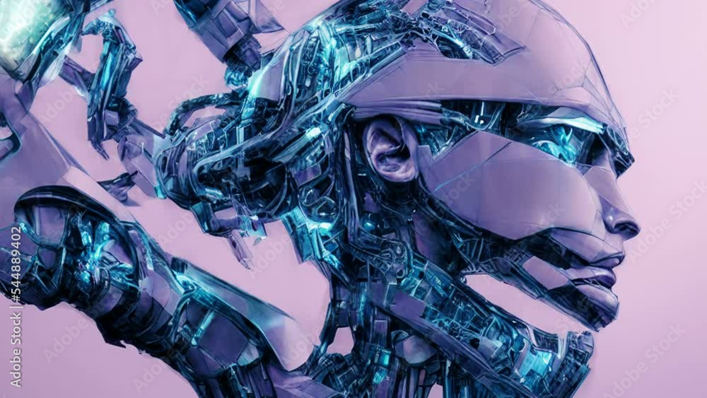 Animation of digital painting of futuristic female robot retro sci fi ...