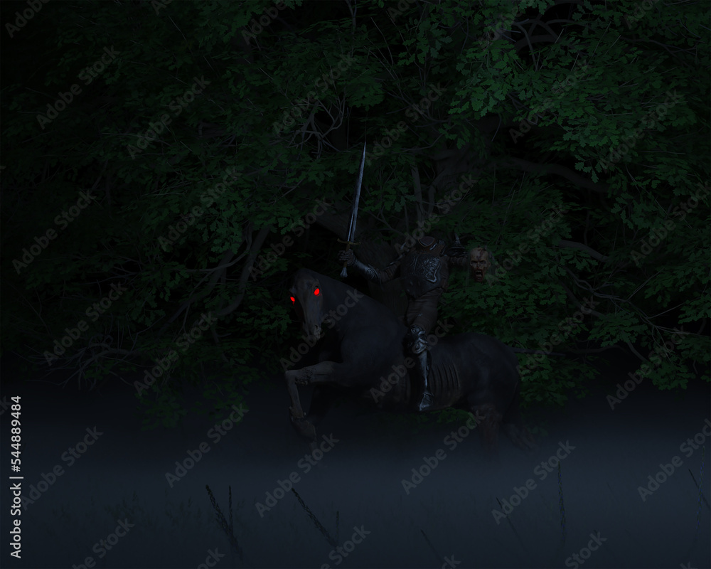 3d illustration of the Dullahan the Headless Horseman of Irish myth ...