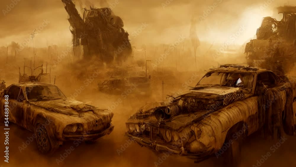 Animation slow motion of an oil painting of apocalyptic futuristic ...