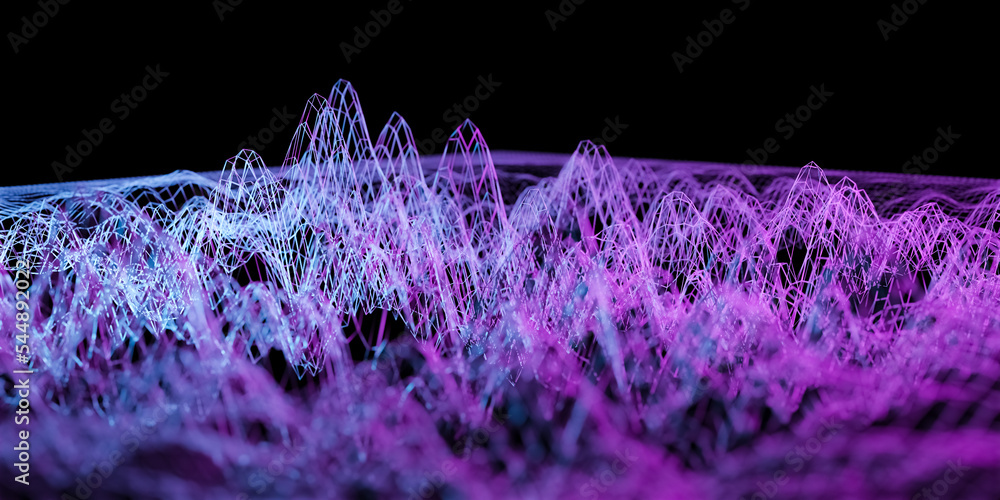 Purple and blue abstract wireframe sound waves, visualization of ...