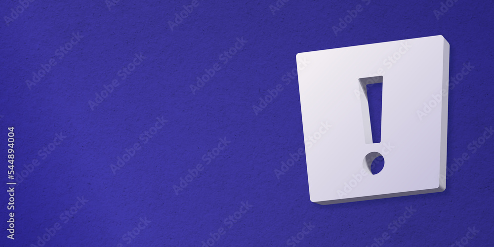 3d Exclamation mark on horizontal deep blue background with empty space ...