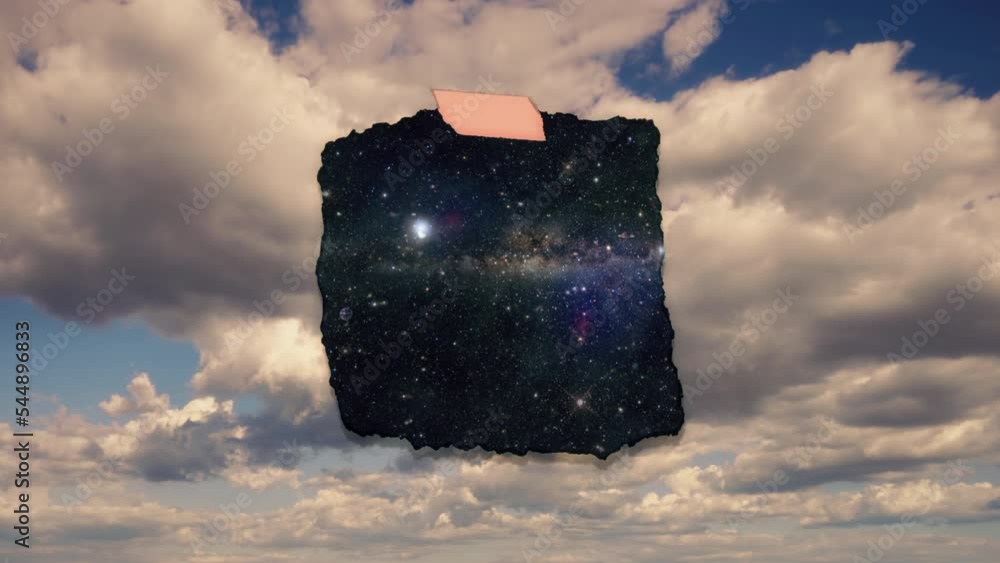 Deep Space Note Hanging In Cloudy Sky Motion Background. Surreal scene ...