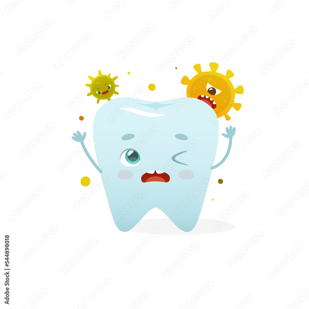 Bacterium attack on tooth. Cartoon cute tooth with microbes. Vector ...
