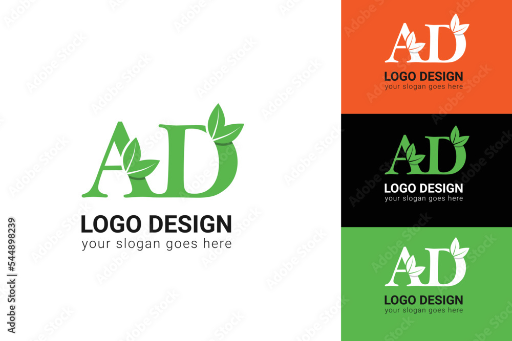 AD letters eco logo with leaf. Vector typeface for nature posters, eco ...
