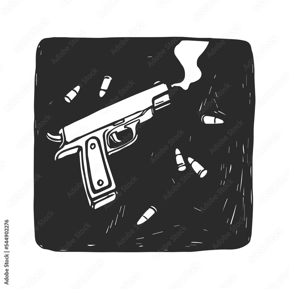 Vector hand-drawn illustration of a gun with bullet casings. A sketch ...