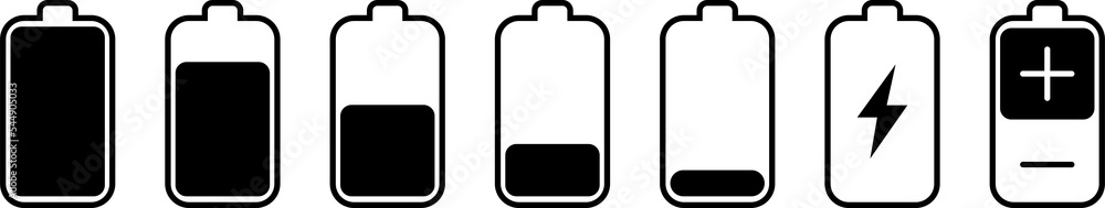 Battery icons set on transparent background. Battery charging charge ...