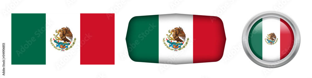 Mexico national flag in three versions rectangular, ellipse and round ...