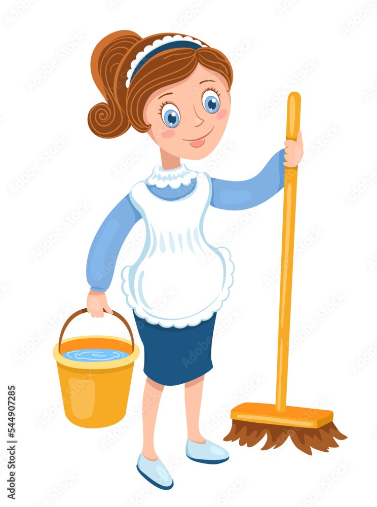 Cute cleaner girl with broom and bucket.Vector cartoon illustration ...
