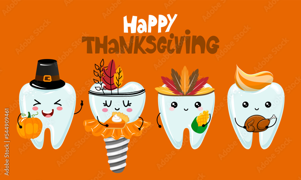 Happy Thanksgiving - Tooth family characters design in kawaii style ...