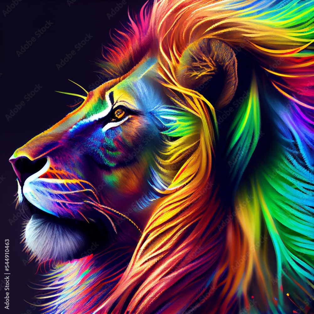 The muzzle of a lion is multi-colored, art portrait of a lion with ...
