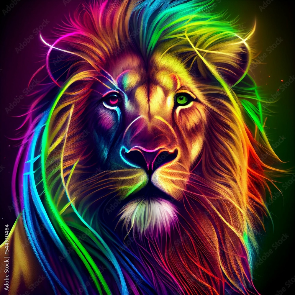 The muzzle of a lion is multi-colored, art portrait of a lion with ...