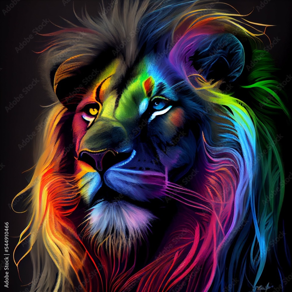 The muzzle of a lion is multi-colored, art portrait of a lion with ...