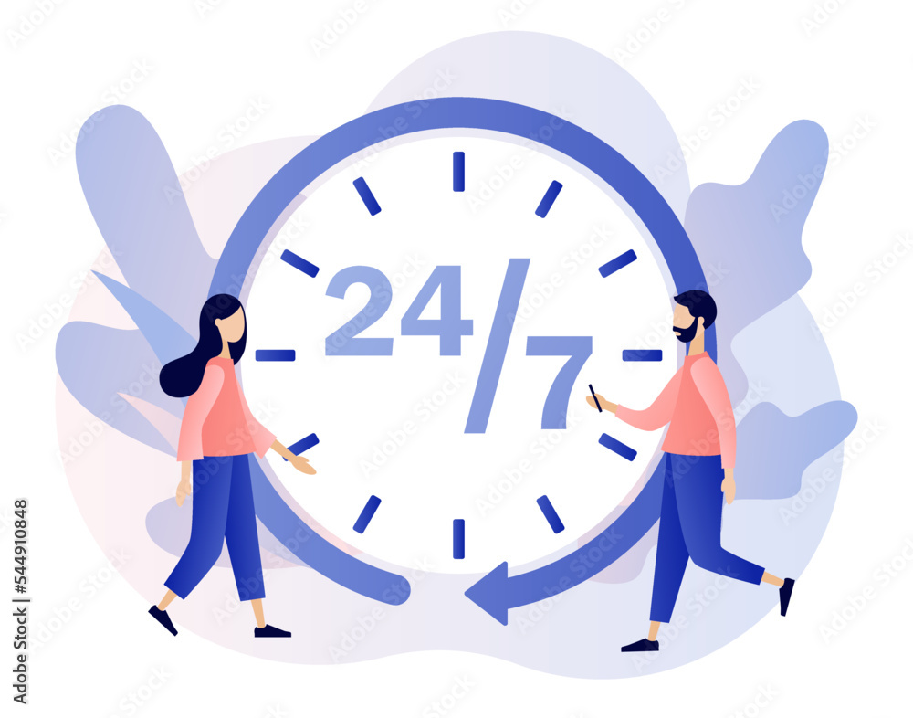 Around clock. 24 hours watch with arrow. 24-7 support service, open, time, working hours ...