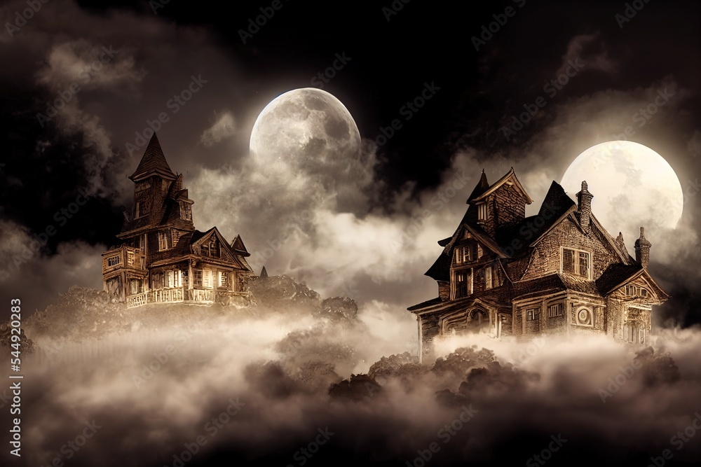 Haunted ghostly mansion on top of the hill on a full moon night and low ...