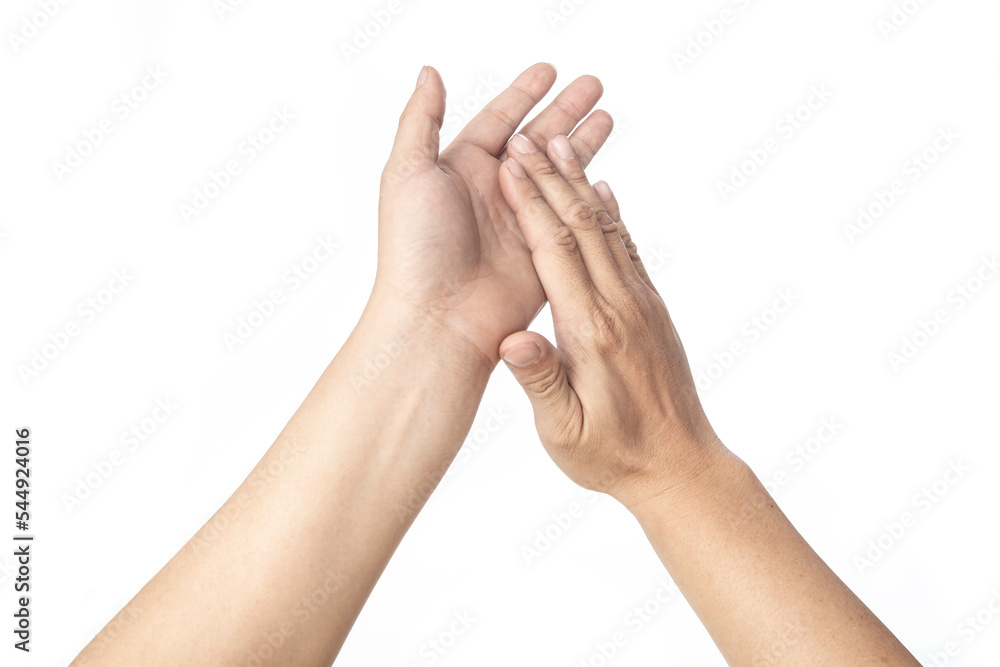 Close up of two hands reaching and holding for first person point of ...
