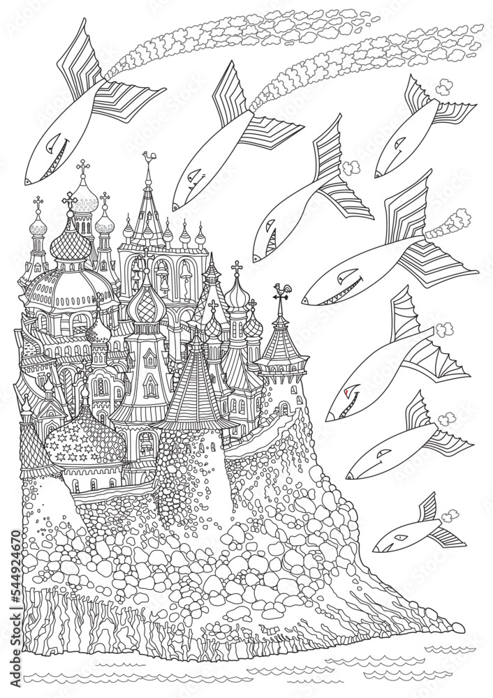 Raid of fantastic cruise monsters on a fairy tale medieval castle town ...