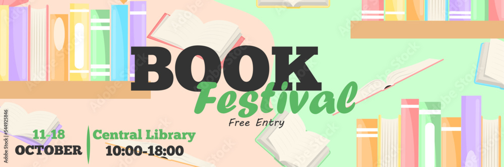 Vector cartoon image of a banner announcing a book festival in a ...