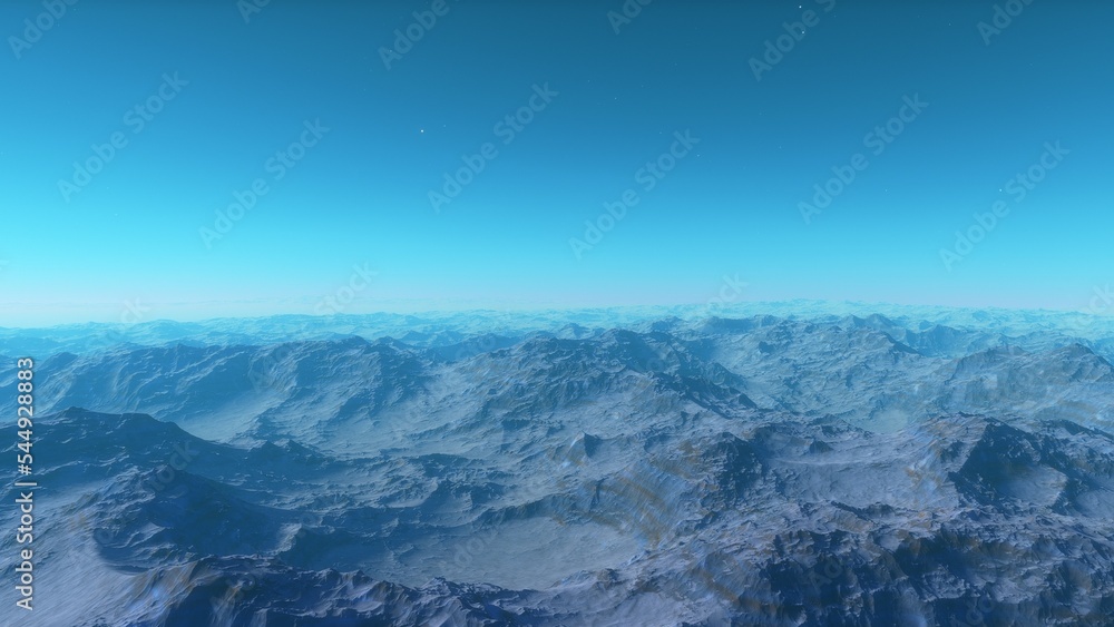 realistic surface of an alien planet, view from the surface of an exo ...