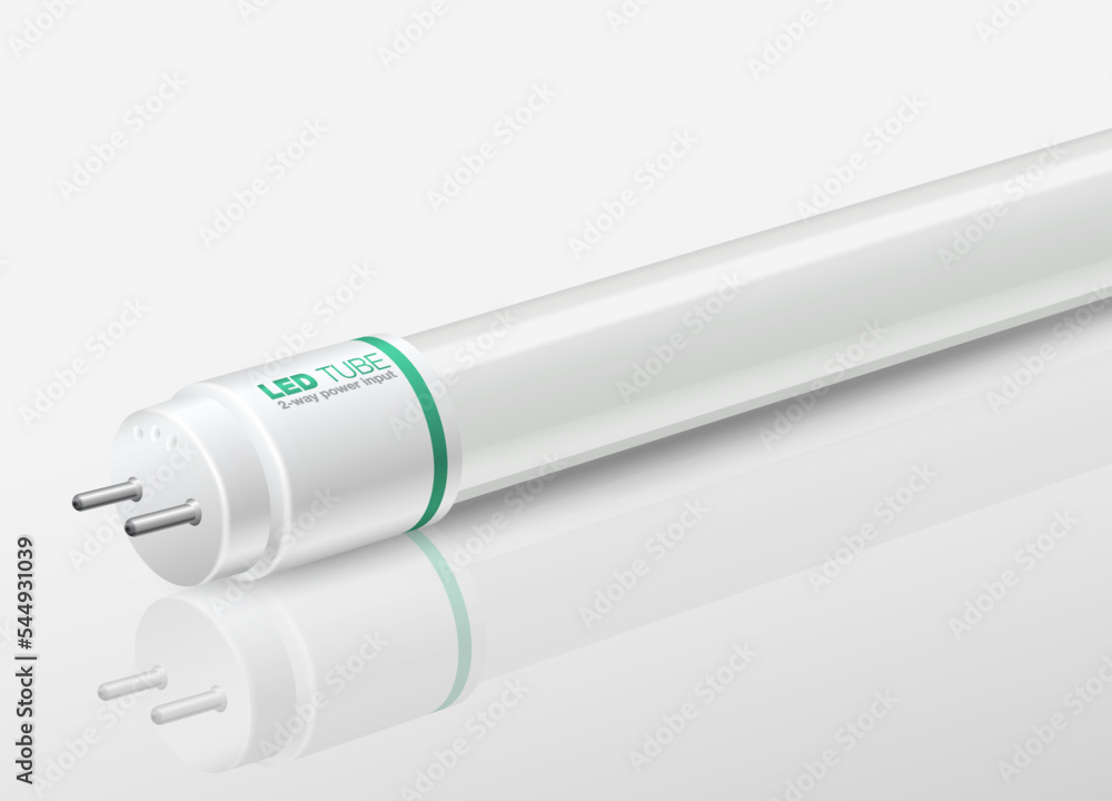 LED tube light isolated on white background with reflections. Realistic ...