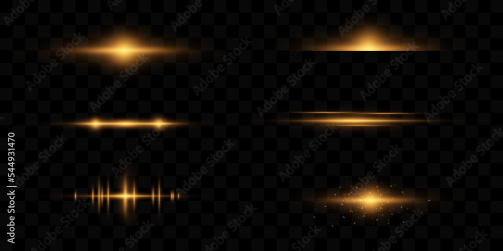 Golden light effects on a transparent background. Bright flashes and highlights of golden color ...