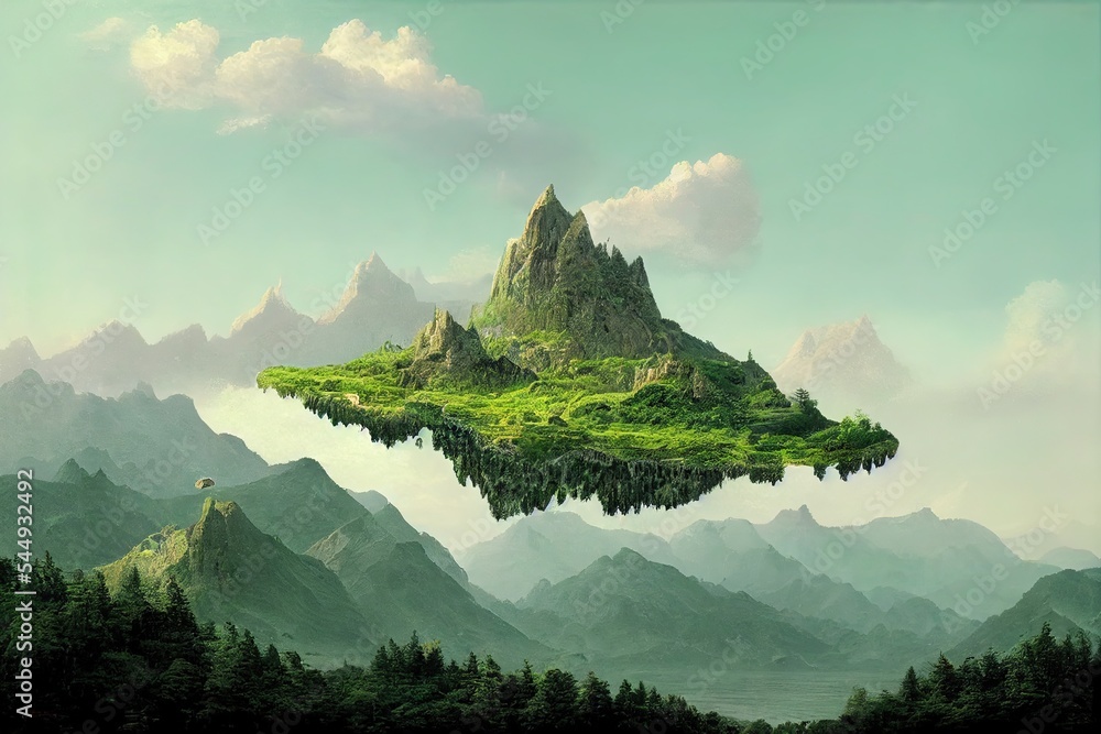Isolated green floating island with mountain and waterfall flying high ...