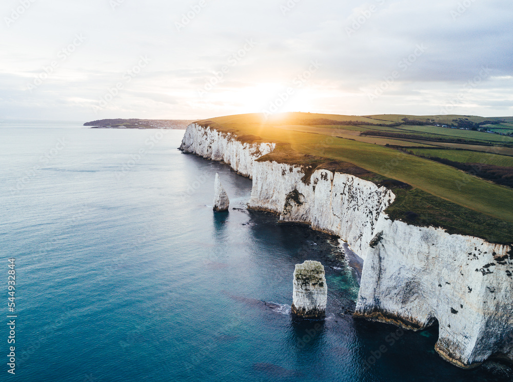 Old Harry Rocks, South Coast, Jurrasic Coast, Dorset, UK. Aerial view ...