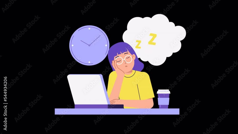 Sleeping woman animation, ALPHA channel. Tired employee or student ...