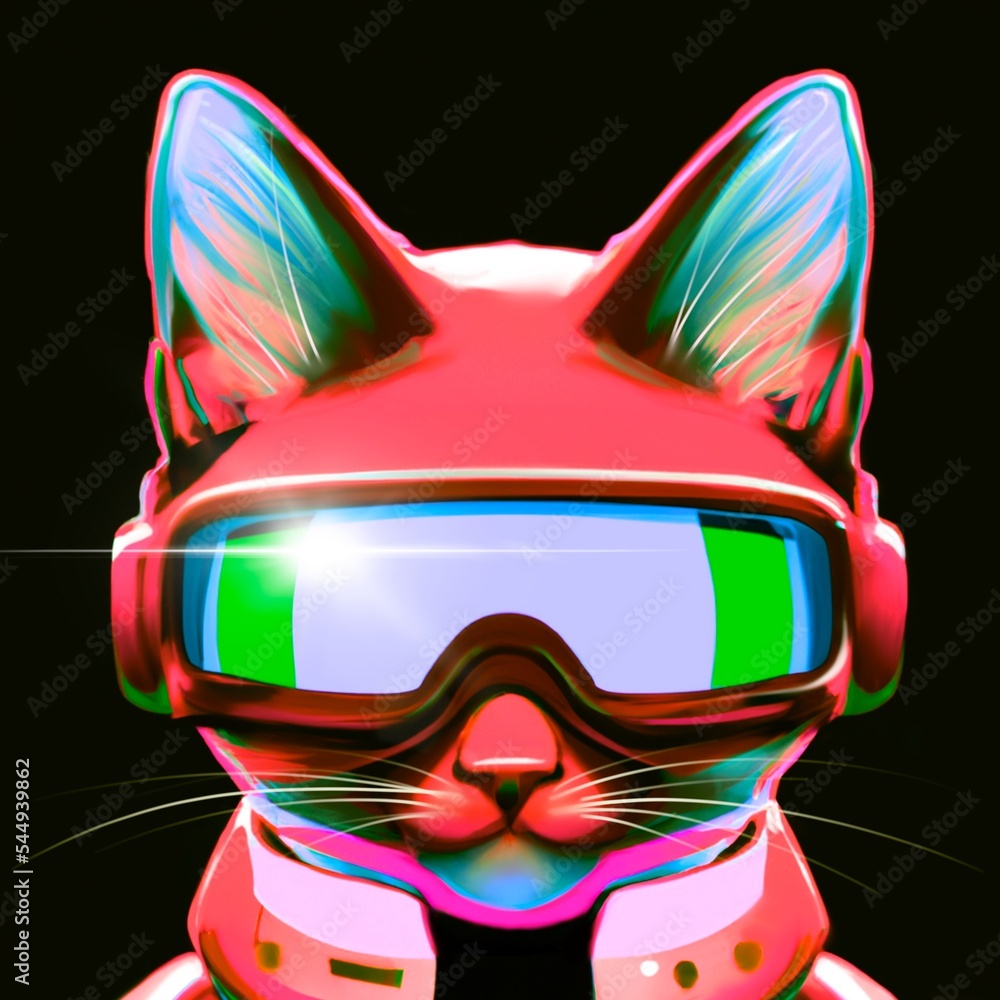 Cartoon cyberpunk portrait of a cute funny cat with glasses in neon ...