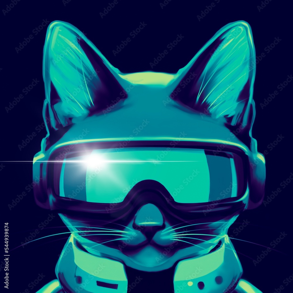 Cartoon cyberpunk portrait of a cute funny cat with glasses in neon ...