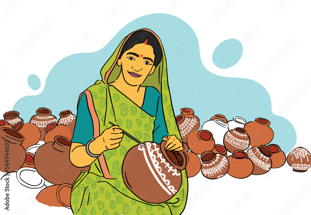Traditional Indian rural women making pottery, painting and drawing ...