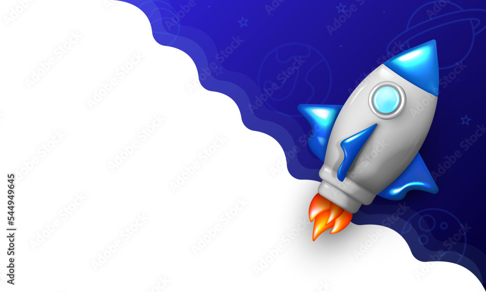 Banner with 3d cartoon rocket flying into space. Startup poster with ...