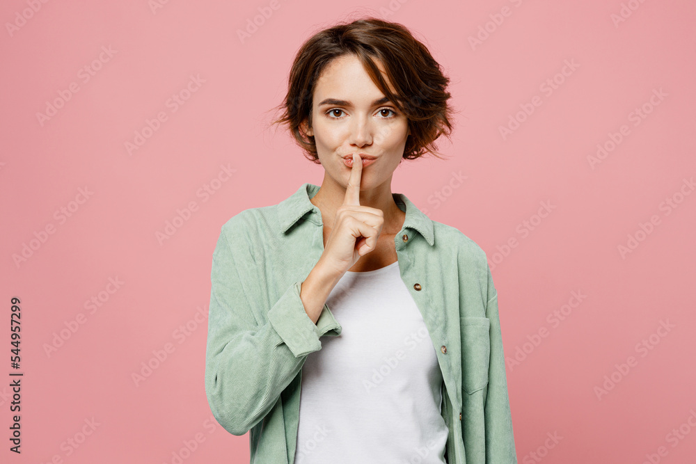 Young secret woman wear mint shirt white t-shirt say hush be quiet with ...