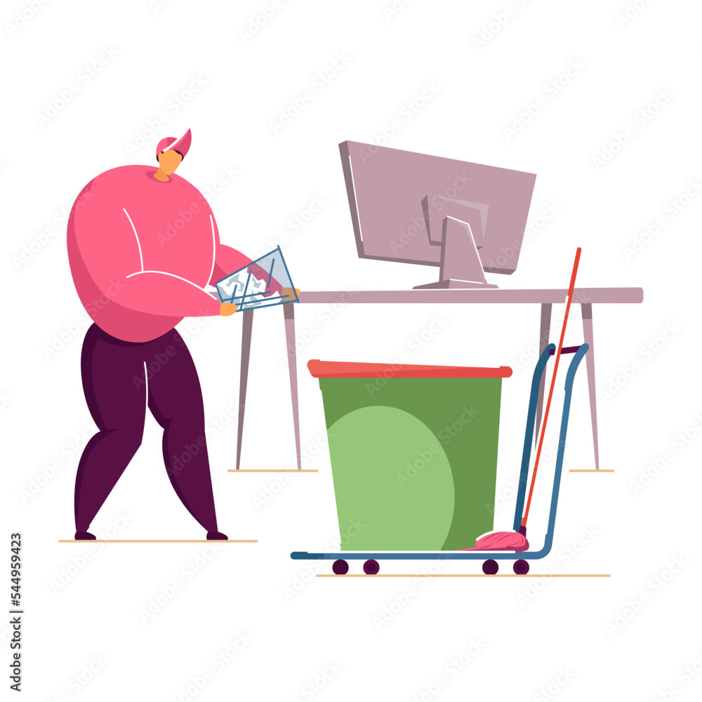 Professional worker cleaning up mess in office. Flat vector ...