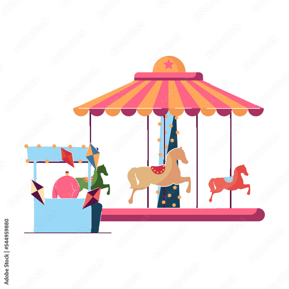 Fun fair concept. Salesman selling tickets for carousel. Carousel for ...