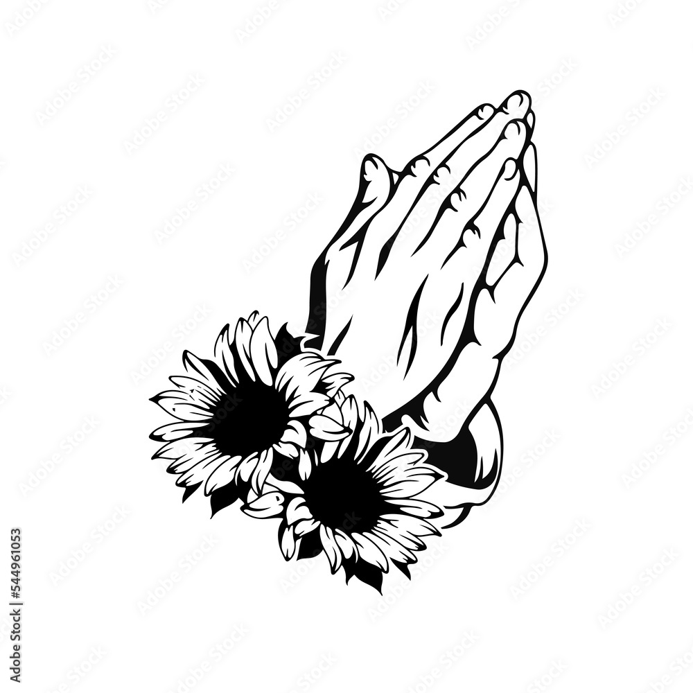 vector illustration of praying hands with flowers Stock Vector | Adobe ...