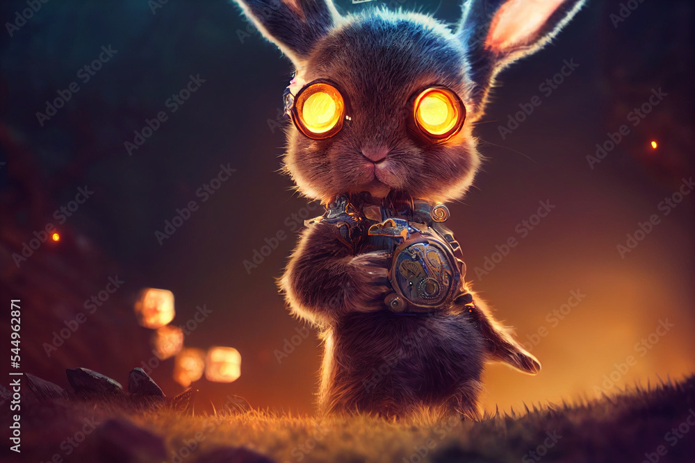 Digital Painting of a Steampunk Rabbit Inventor in foreast background ...