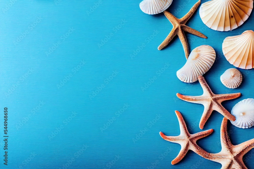 a group of sea shells on a blue background with a border of smaller ...