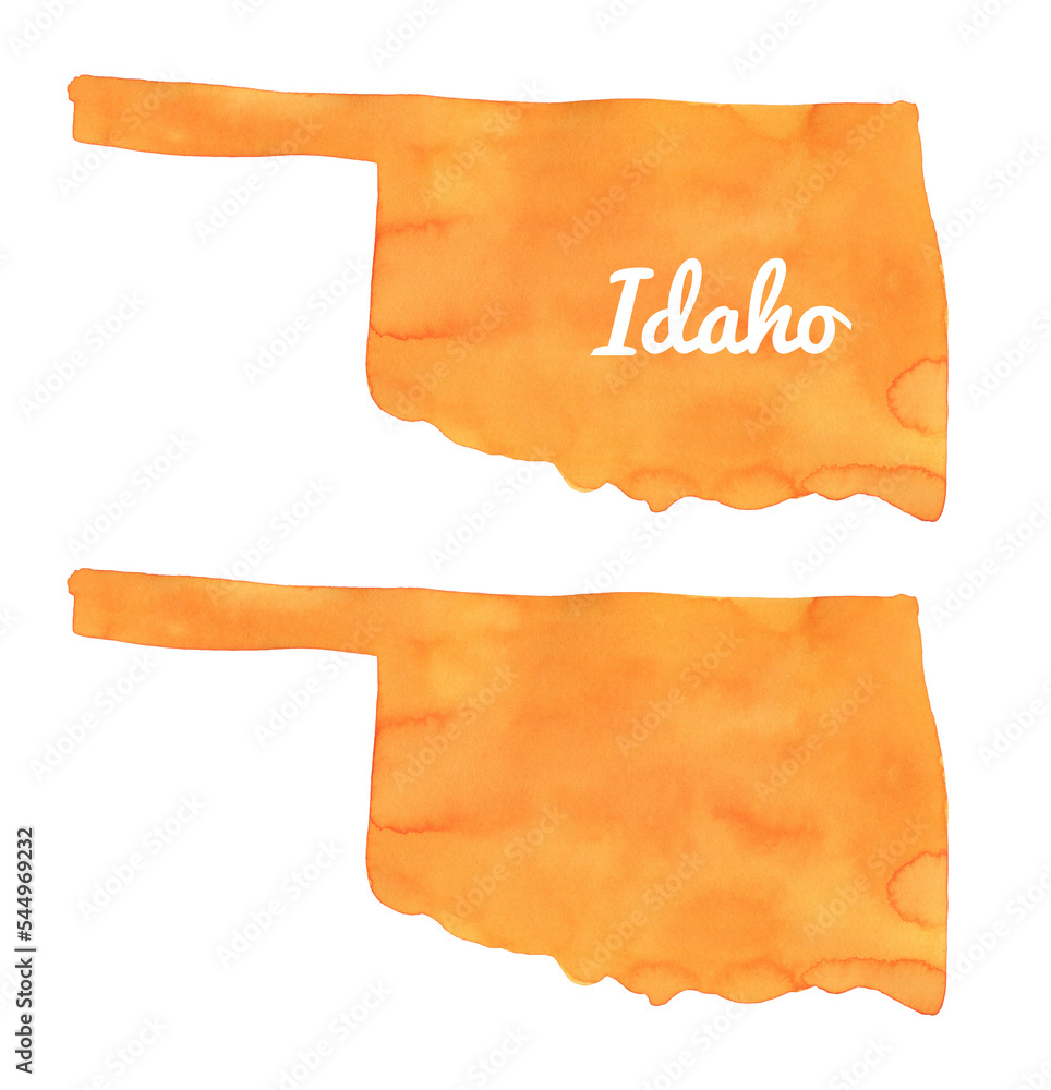 Watercolour drawing of Oklahoma State Map in bright orange color in two ...