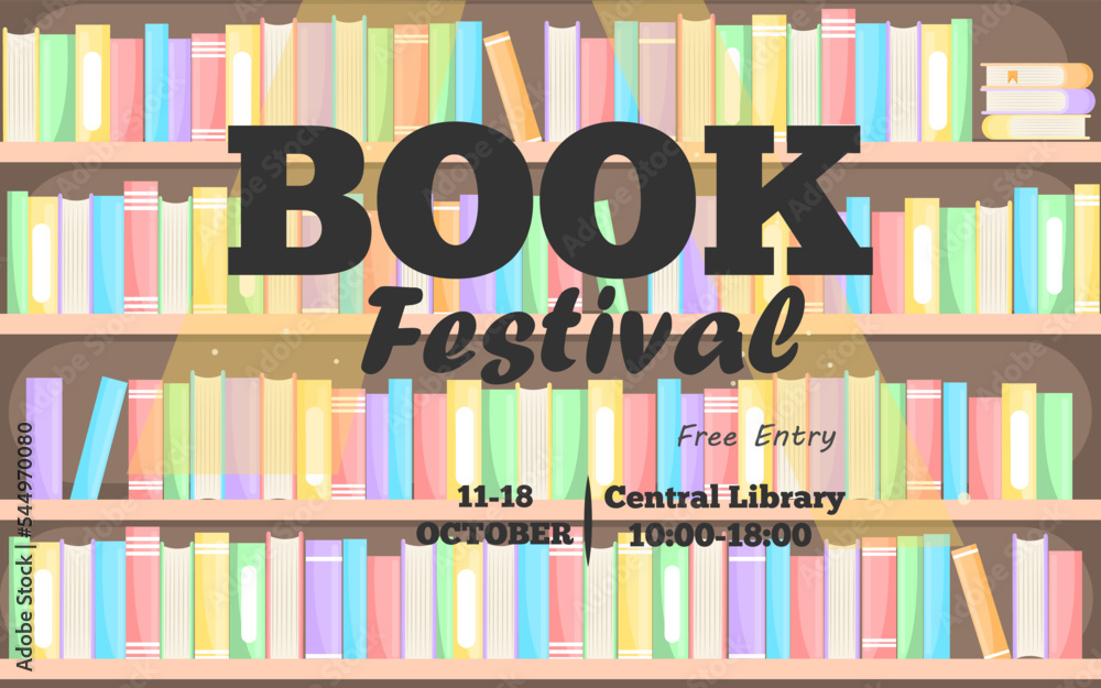 Vector cartoon image of a banner announcing a book festival in a ...