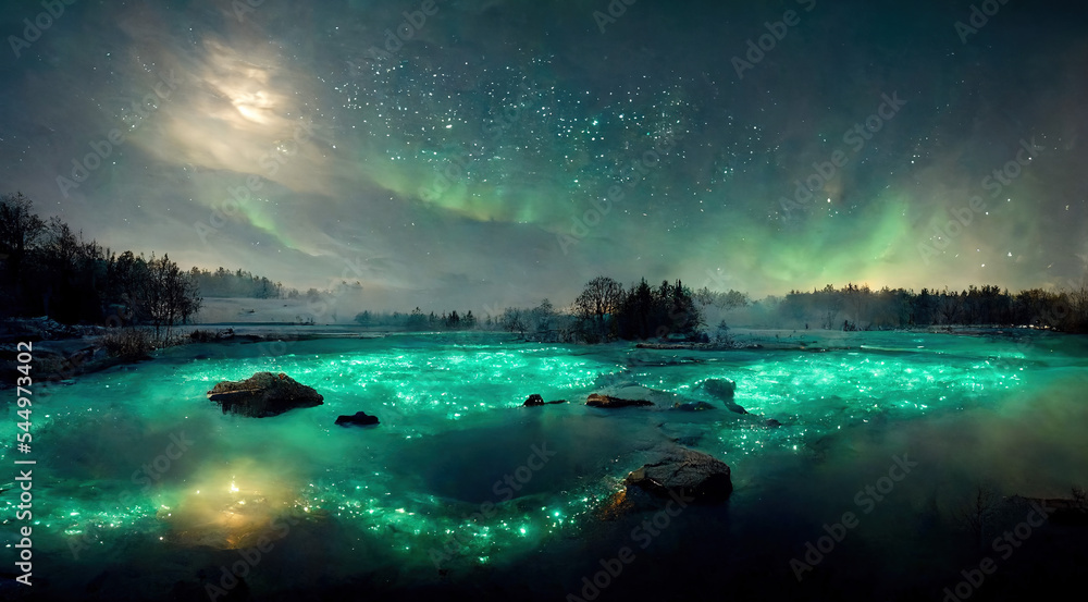 Lovely night sky landscape with aurora borealis reflecting on the water ...