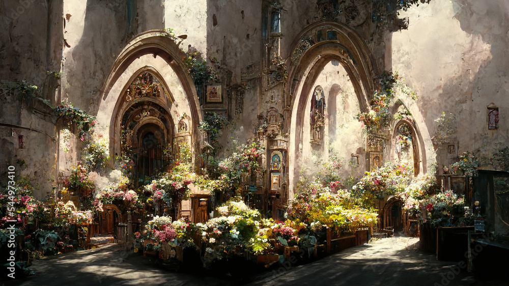 Beautiful church in medieval city with flowers and vegetation, digital ...