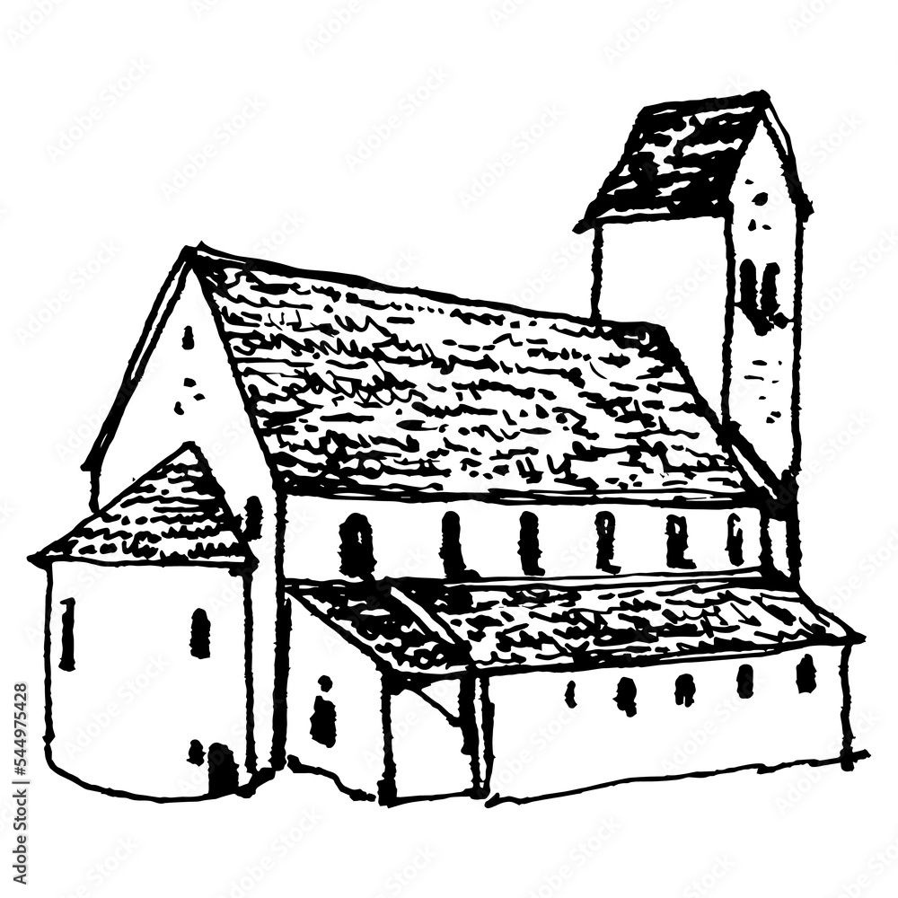 Kirche St. Cyriak. St. Cyriakus church at Sulzburg, Germany. Hand drawn ...