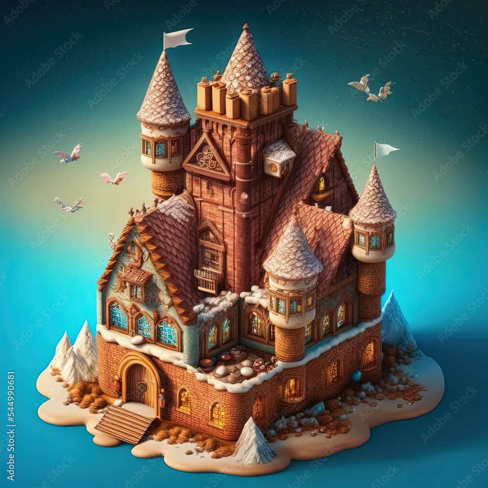 Magical fortress diorama, gingerbread royal castle with towers ...